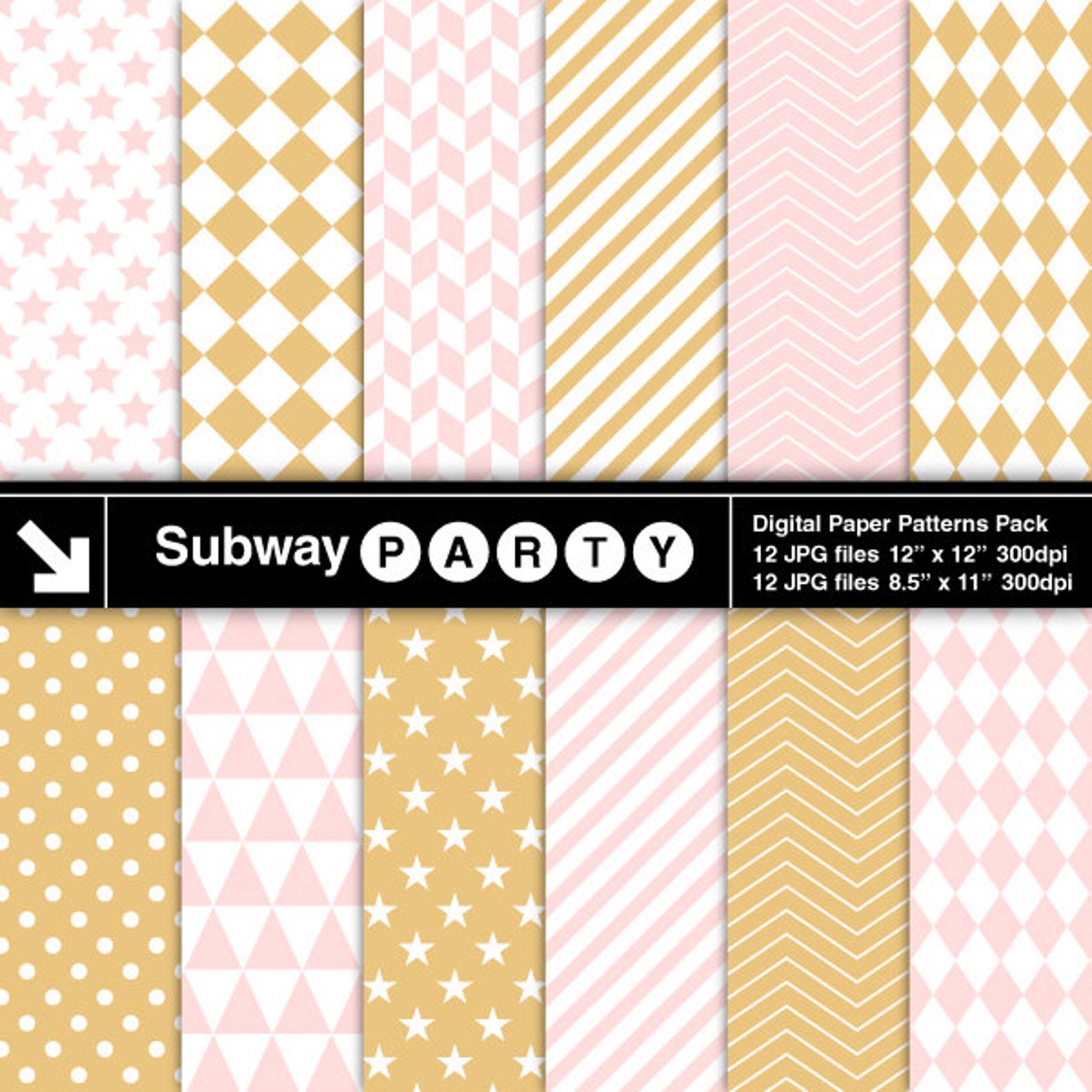 Blush Pink and Gold Geometric Digital Papers. Chevron Checks | Etsy