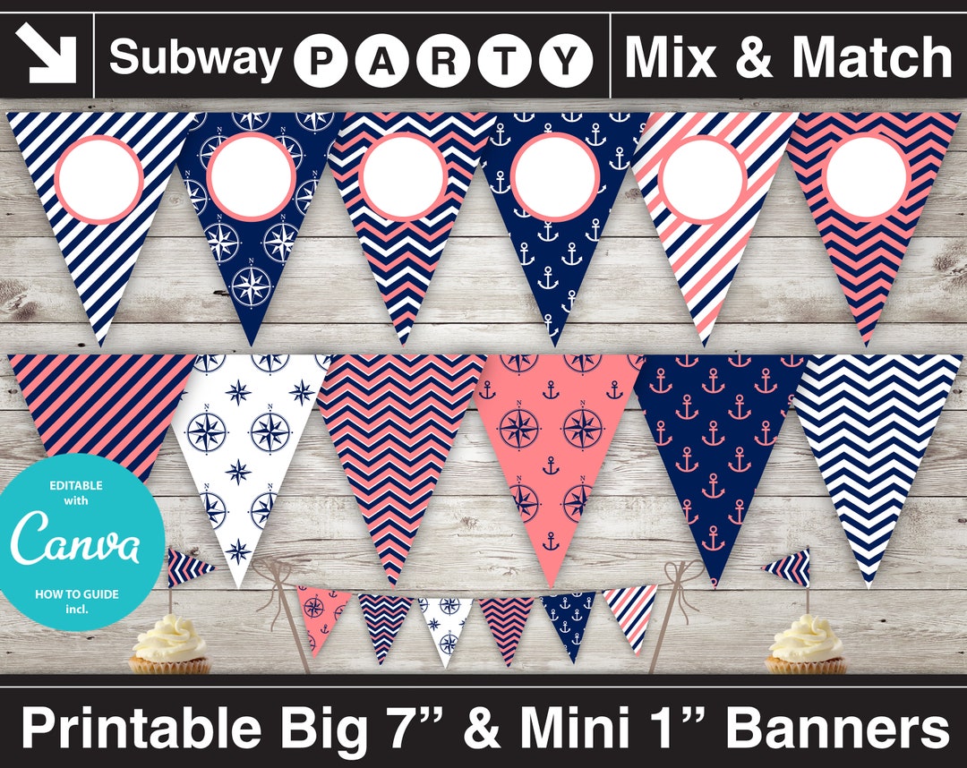 Navy Coral Pink Nautical Party Printable Banner and Mini Cake Bunting ...