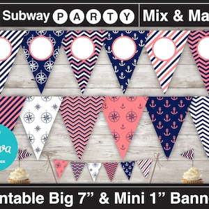 Navy Coral Pink Nautical Party Printable Banner and Mini Cake Bunting ...