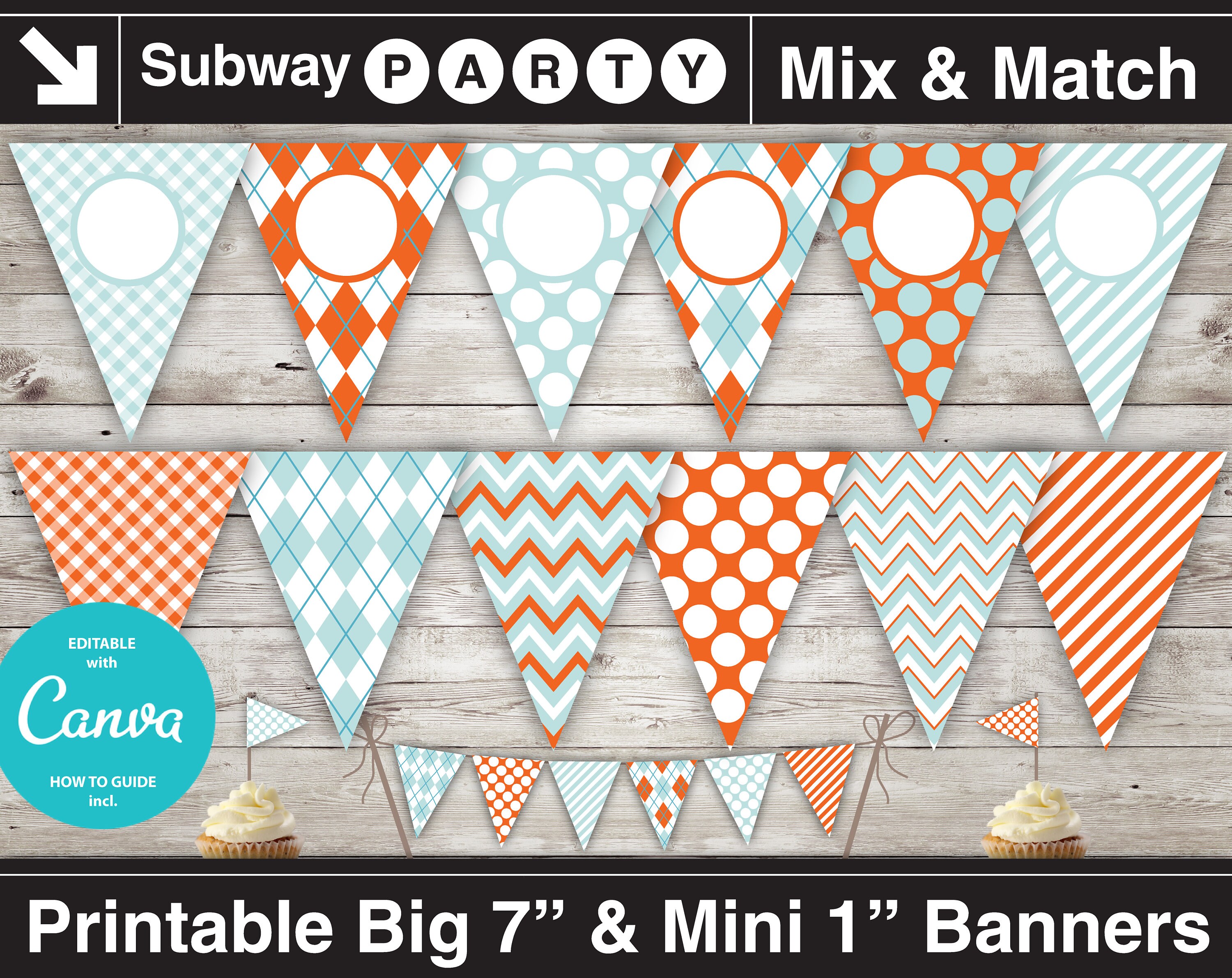 Pastel Aqua and Coral Orange Printable Banner and Mini Cake Bunting ...