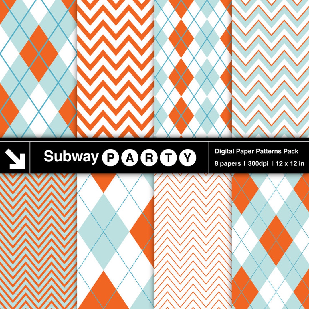Soft Teal and Orange Chevron and Argyle Digital Papers Pack. Aqua Coral ...