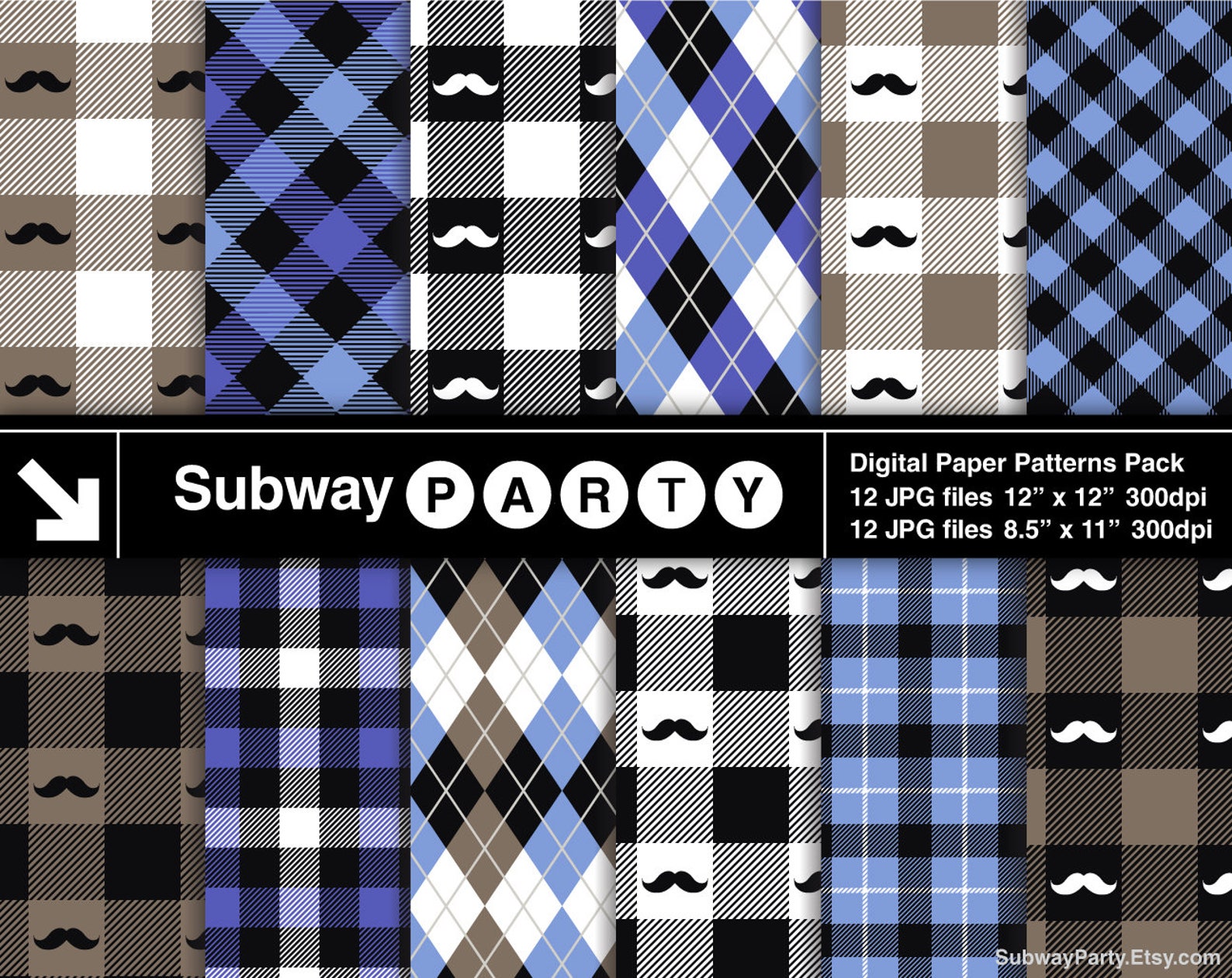 Hipster Mustaches Digital Papers. Movember / Moustache Bash Blue Tartan ...