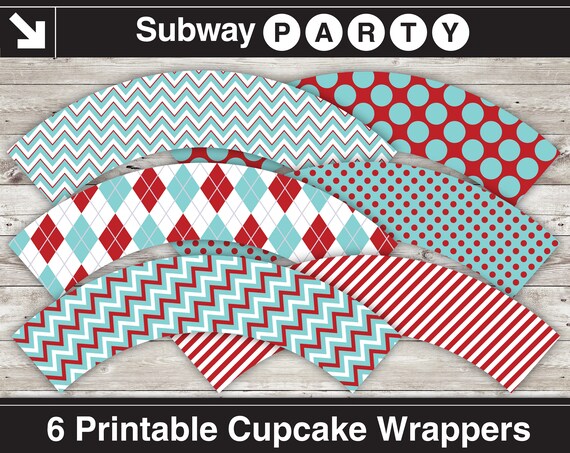 Printable Aqua Blue and Red Cupcake Wrappers in Chevron, Argyle, Polka ...