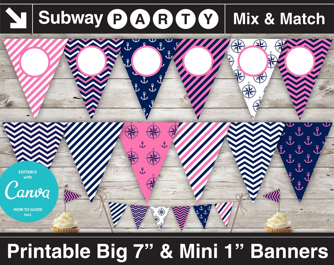 Pink Navy Blue Nautical Party Printable Banner and Mini Cake Bunting ...