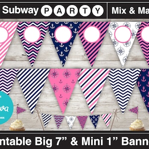 Pink Navy Blue Nautical Party Printable Banner and Mini Cake Bunting ...