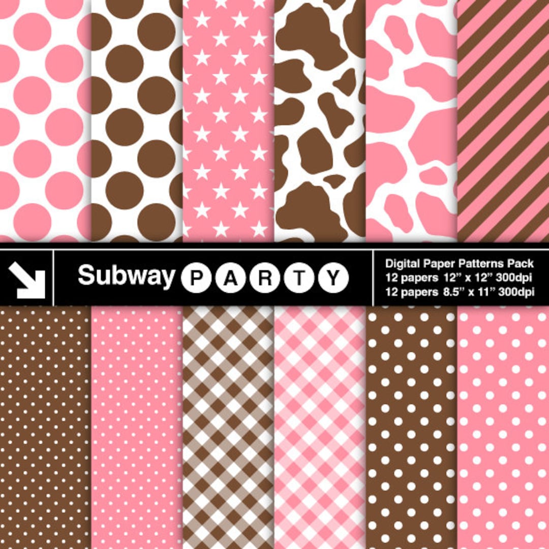 Cowgirl Party Digital Papers Pack in Pink Brown Cow Hide Print Gingham ...