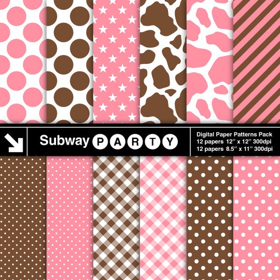 Cowgirl Party Digital Papers Pack in Pink, Brown Cow Print, Gingham ...