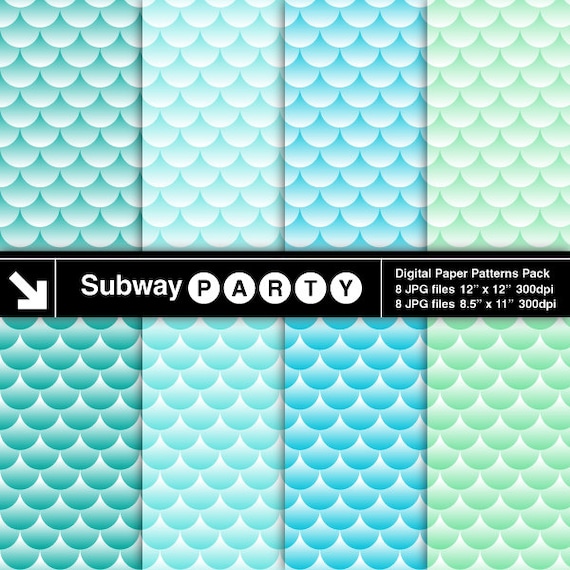 Mermaid Tale Scales and Sea Waves Digital Papers. Turquoise, Aqua, Blue ...