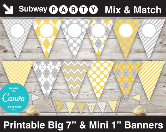 Printable Yellow Gray Party Banner & Mini Cake Bunting. Argyle, Chevron ...