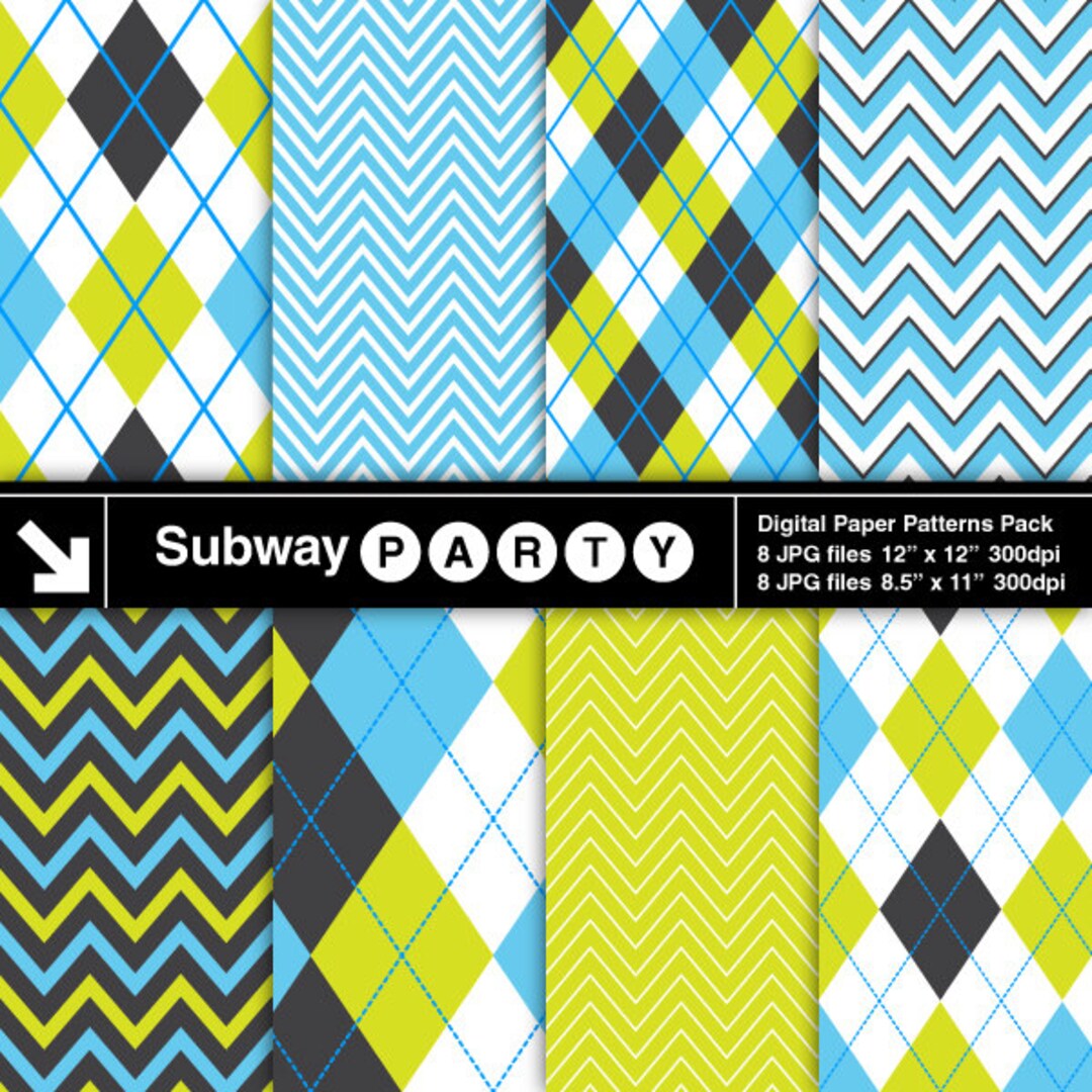 Blue Lime Green Gray Chevron and Argyle Digital Papers. Scrapbook ...