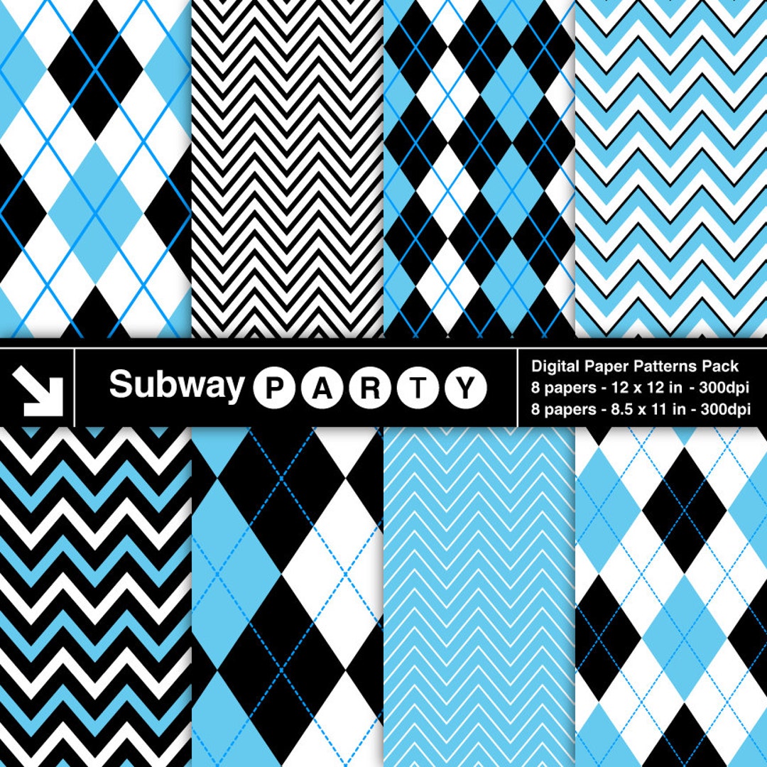 Baby Blue and Black Chevron and Argyle Digital Papers Pack. Scrapbook ...