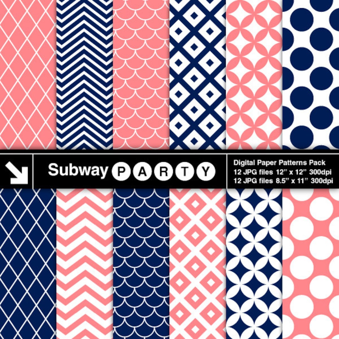 Navy and Coral Retro Mod Digital Papers in Diamond Lattice, Trellis ...