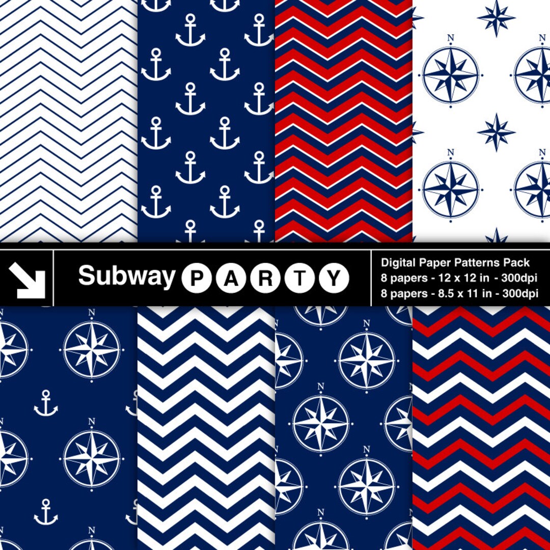 Nautical Navy Blue Digital Papers Pack. Patriotic Red White Blue ...