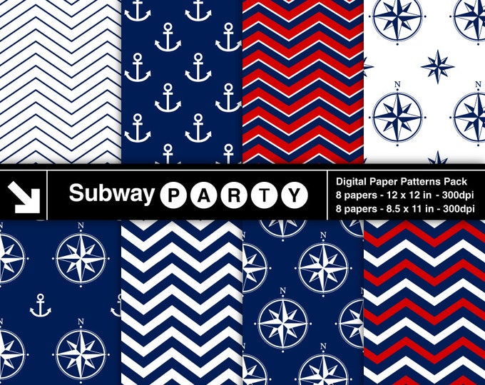 Nautical Navy Blue Digital Papers Pack. Patriotic Red White Blue ...