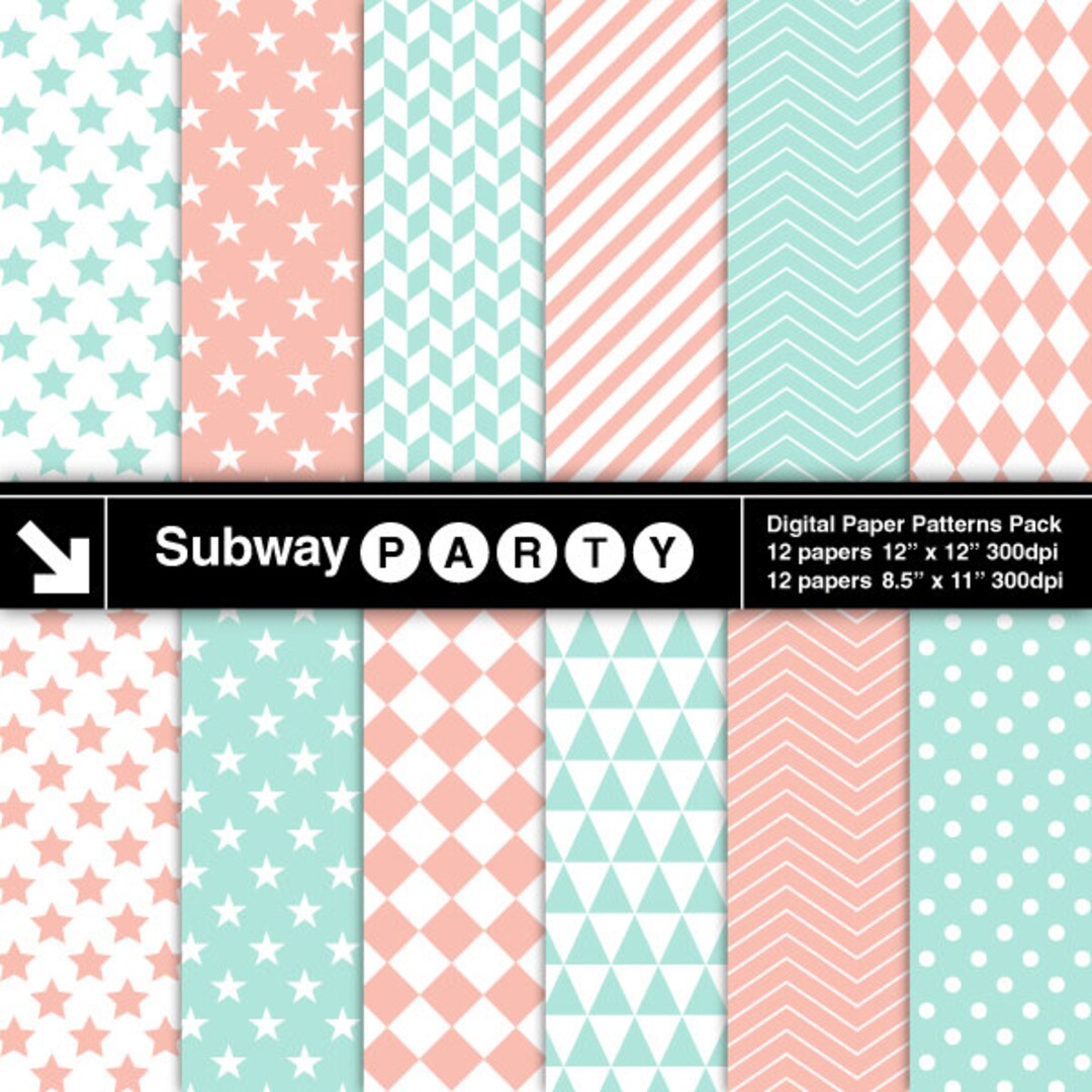 Mint and Coral Geometric Digital Papers Pack in Chevron, Checks, Stars ...