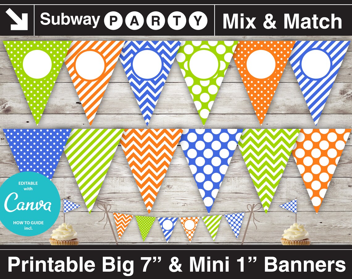 Printable Blue Orange Green Party Banner & Mini Cake Bunting. Polka ...
