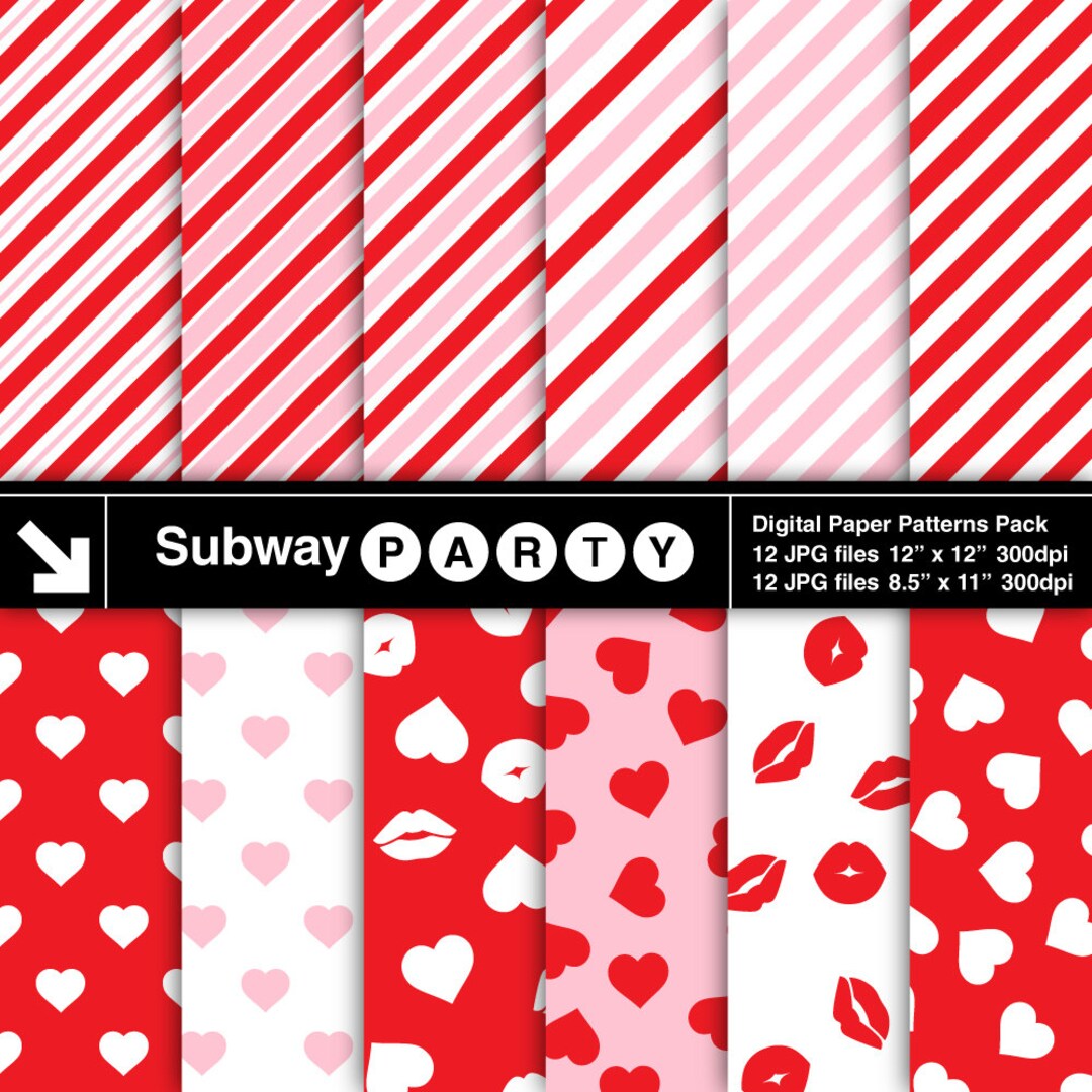 Valentine's Day Digital Papers. Pink Red Stripes, Hearts & Lipstick ...