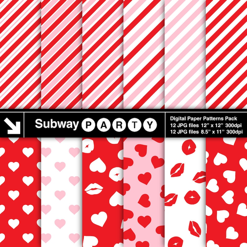 Valentine's Day Digital Papers. Pink Red Stripes, Hearts & Lipstick ...