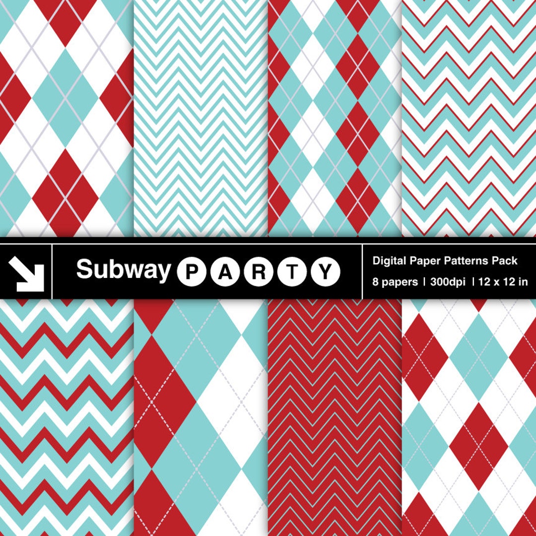 Aqua Blue and Dark Red Chevron and Argyle Digital Papers. Aqua Red ...