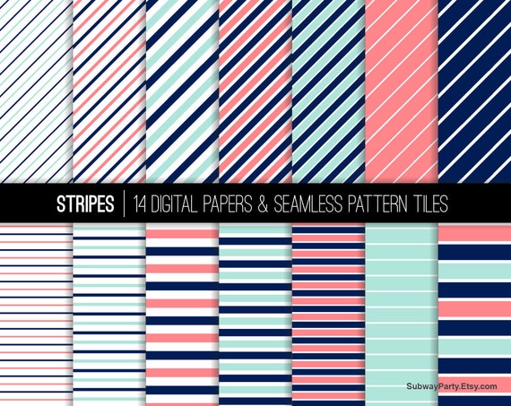 Navy Aqua and Coral Stripes Seamless Patterns and Digital Papers 12”x12 ...