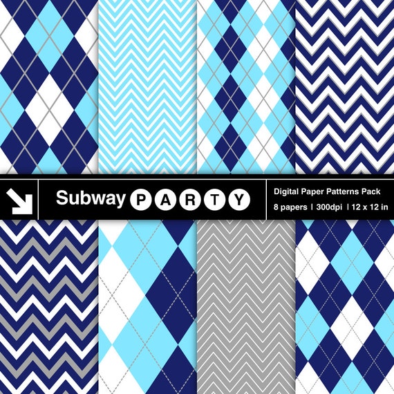 Navy Blue, Baby Blue, Silver Gray & White Chevron and Argyle Digital ...