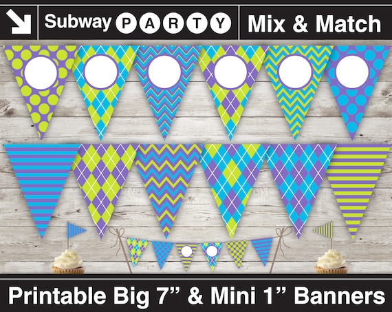 Monsters Party Printable Banner and Mini Cake Bunting. Purple Green ...