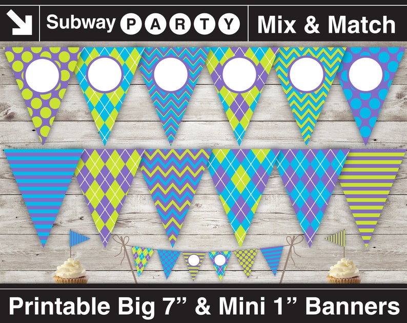 Monsters Party Printable Banner and Mini Cake Bunting. Purple Green ...