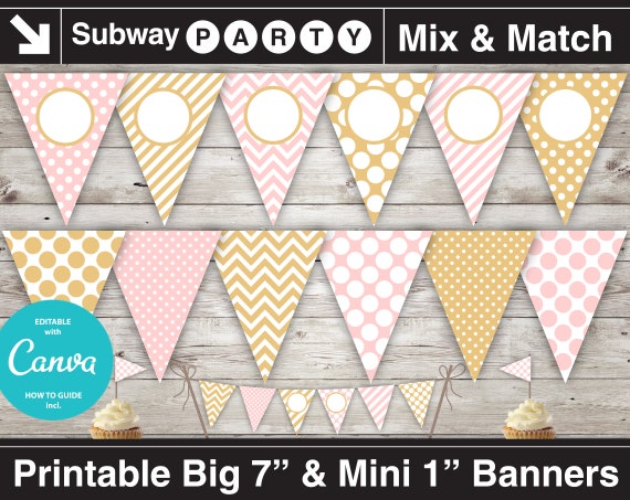 Blush Pink and Gold Party Printable Banner and Mini Cake Bunting ...