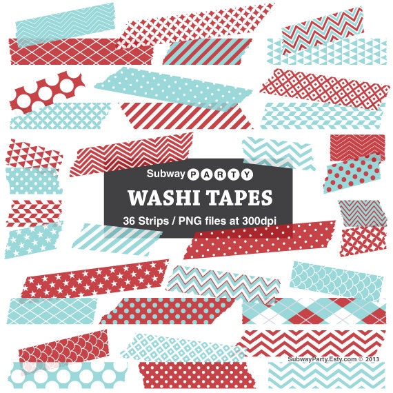 Aqua Blue and Red Washi Tape Strips, Digital Clip Art, Photo Frame ...