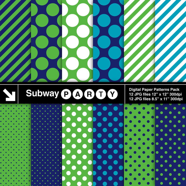 Navy Blue, Sky Blue and Green Polka Dots and Stripes Preppy Digital ...