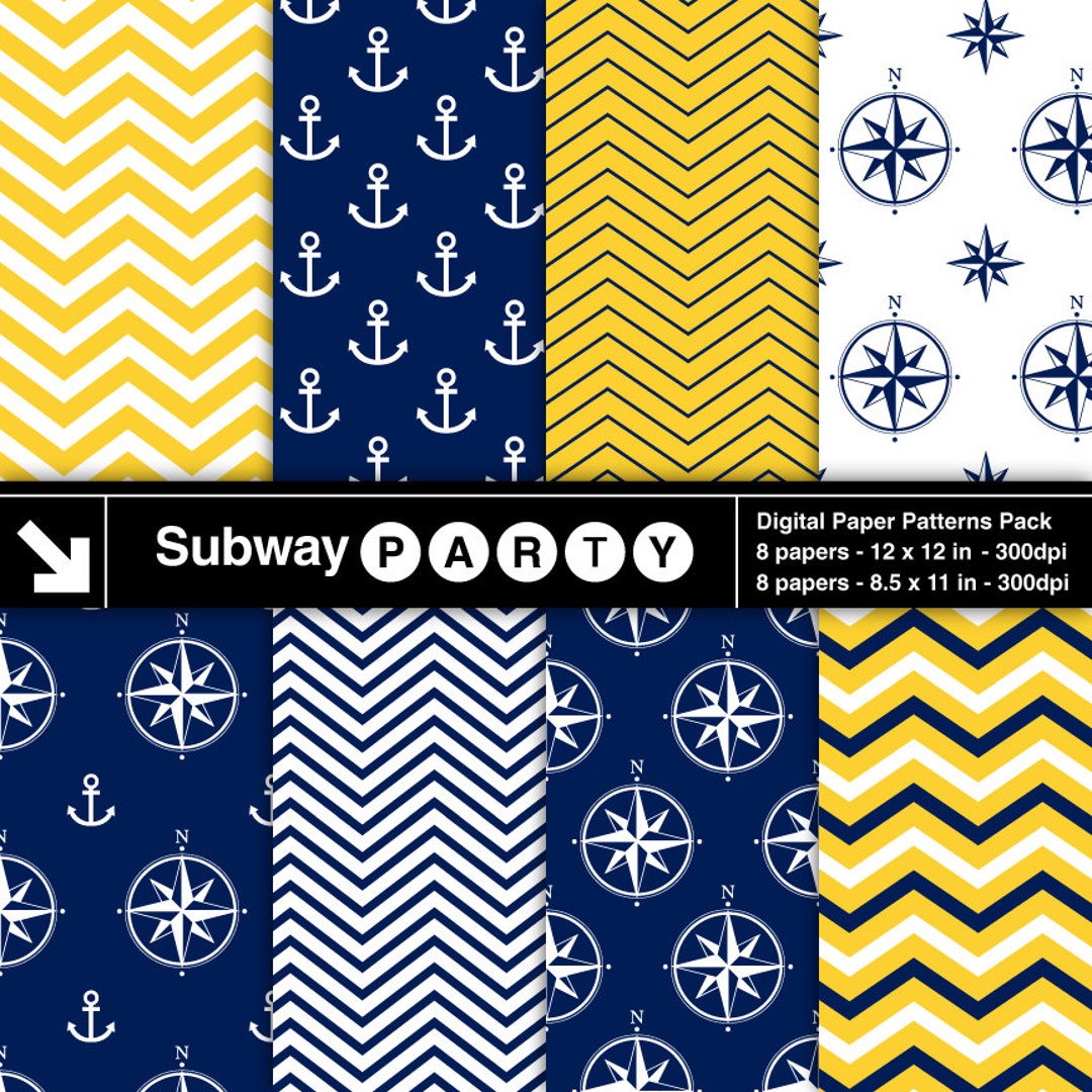 Nautical Yellow and Navy Blue Digital Papers. Chevron Anchors and ...
