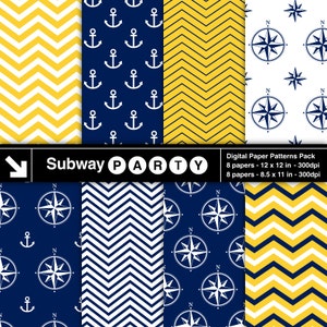 Nautical Yellow and Navy Blue Digital Papers. Chevron Anchors and ...