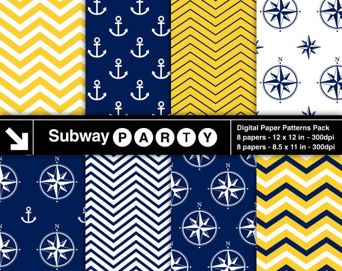 Nautical Yellow and Navy Blue Digital Papers. Chevron Anchors and ...
