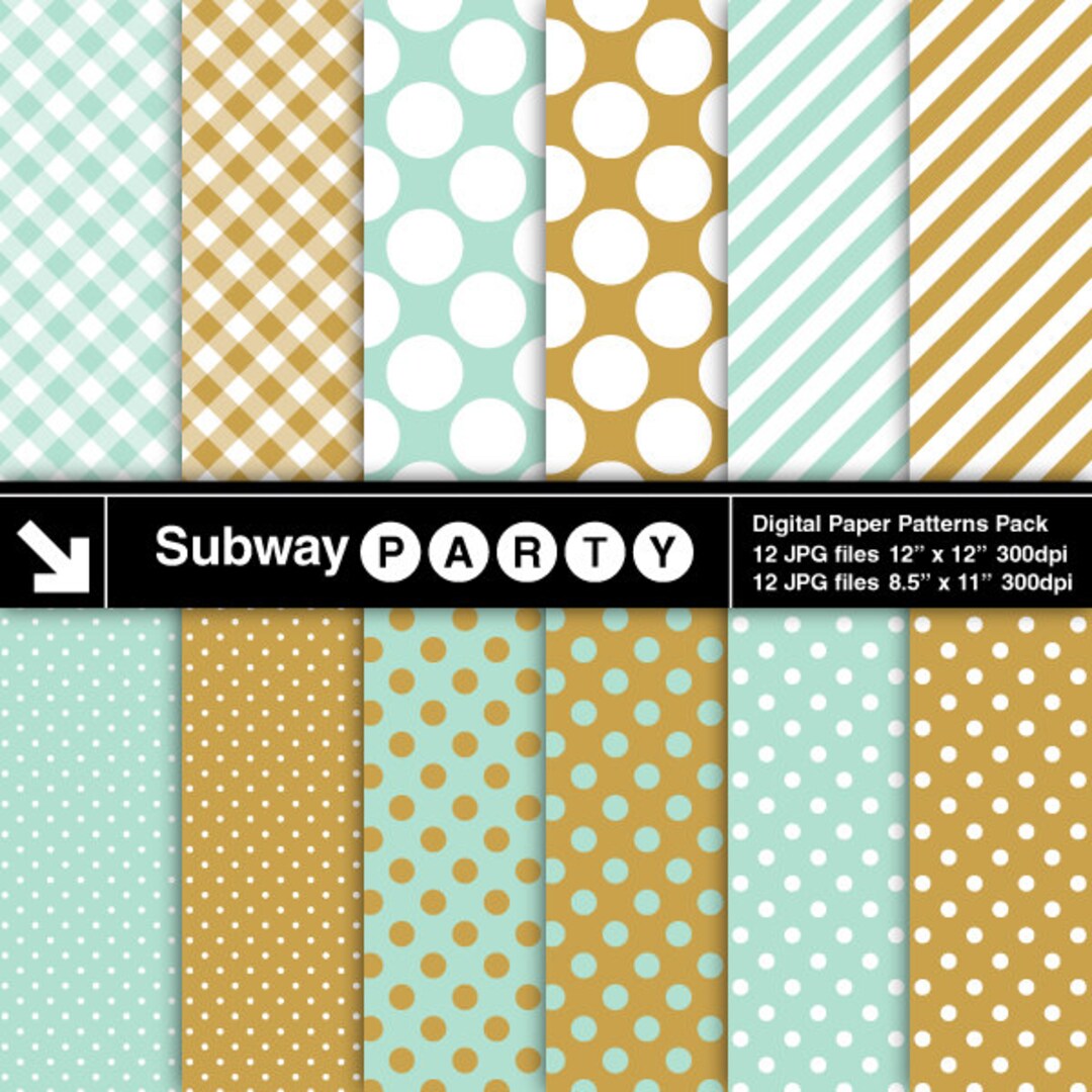 Mint and Gold Digital Papers. Polka Dots, Stripes, Gingham. Scrapbook ...