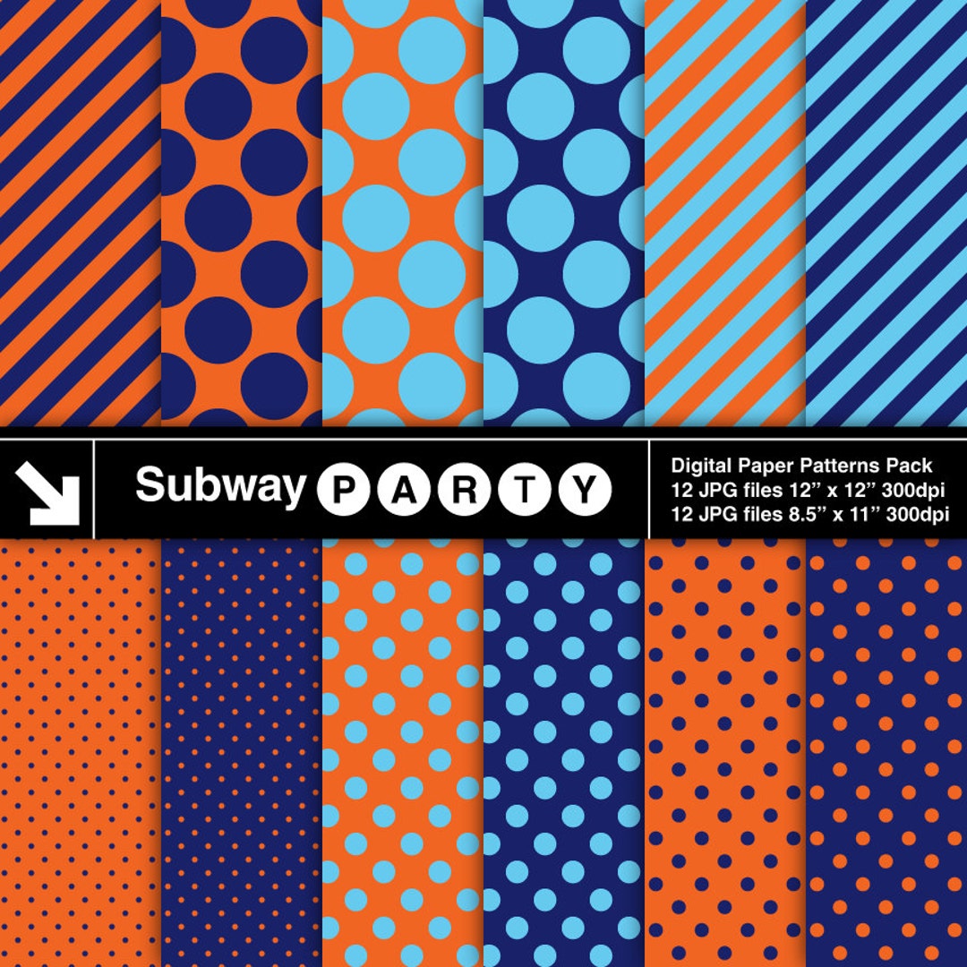Navy Blue, Sky Blue and Orange Polka Dots and Stripes Digital Papers ...