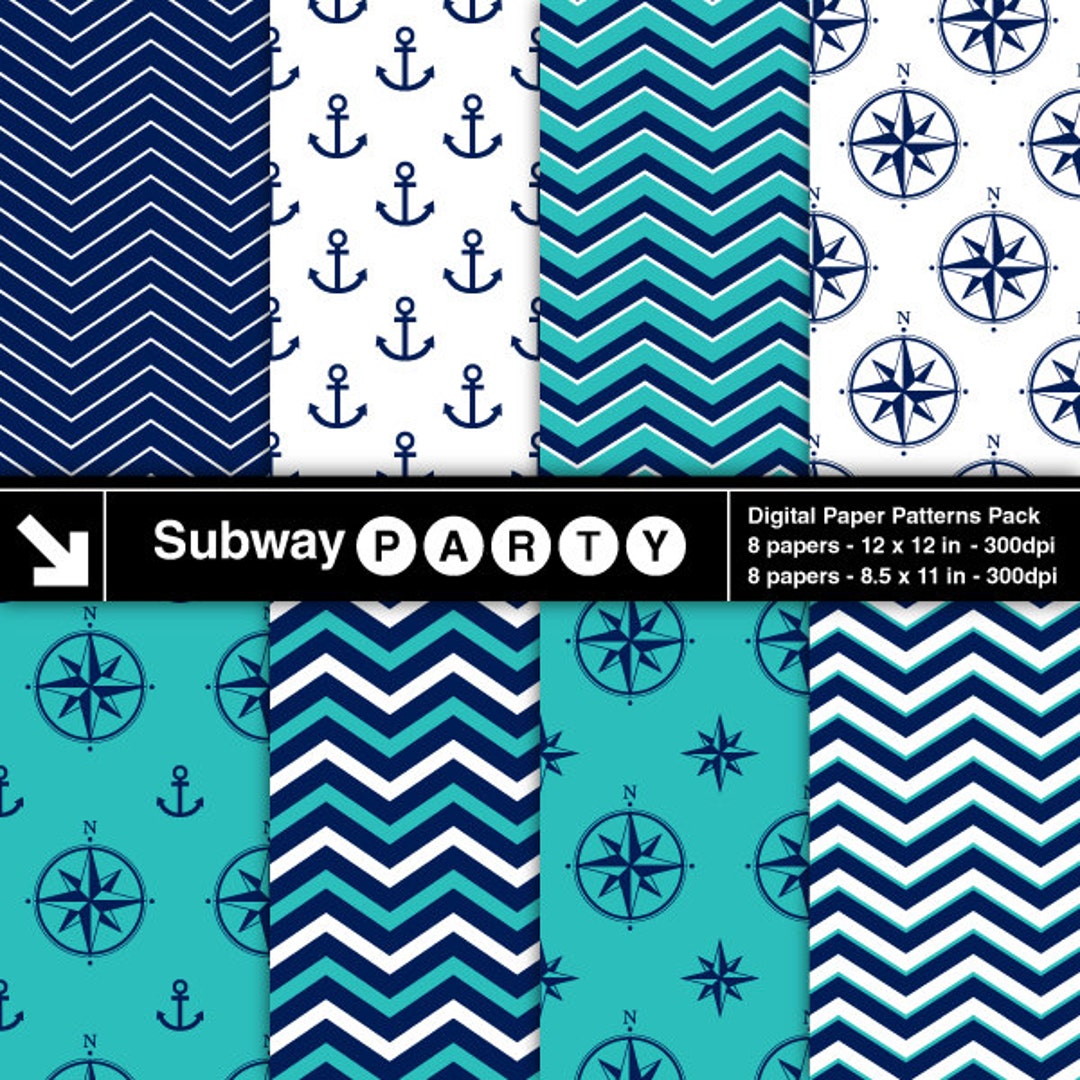 Nautical Turquoise and Navy Digital Papers Pack. Chevron, Anchors ...