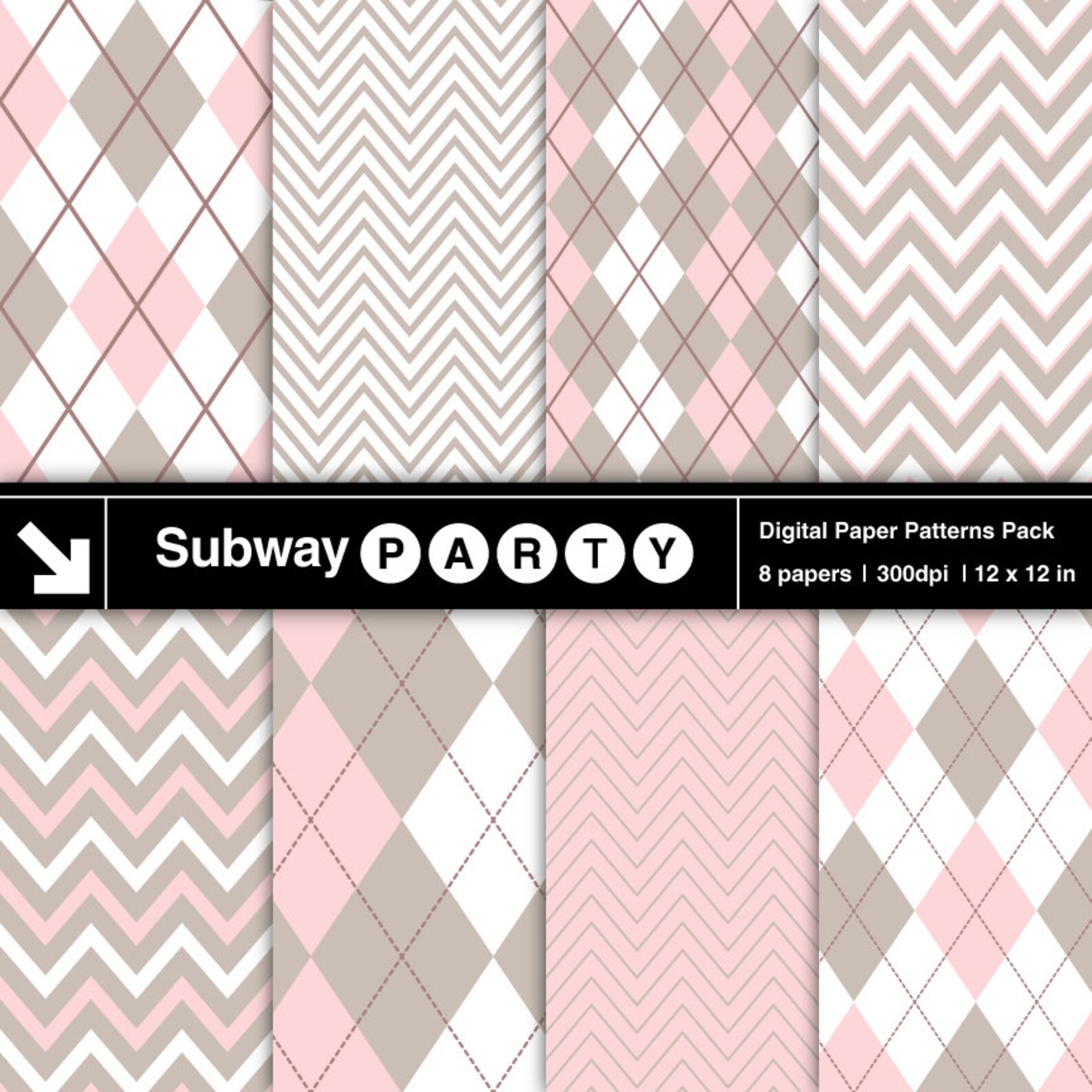 Pastel Pink, Soft Taupe, White & Brown Digital Paper Pack in Chevron ...