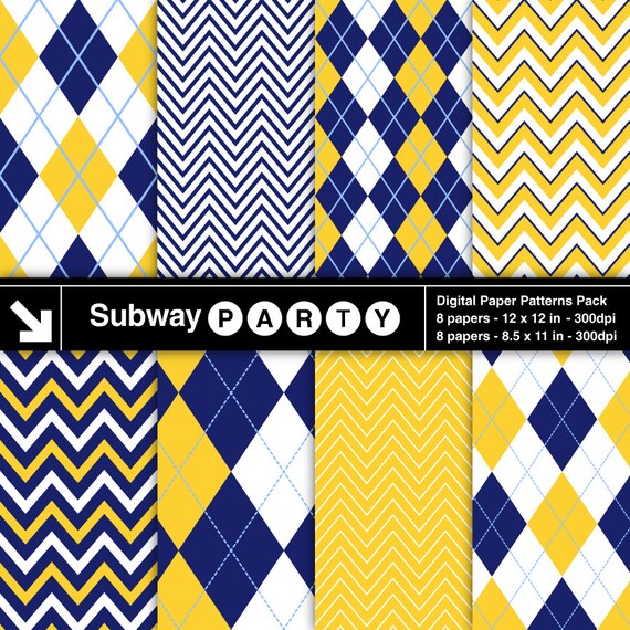 Navy Blue and Yellow Digital Papers Pack in Chevron and Argyle Pattern ...