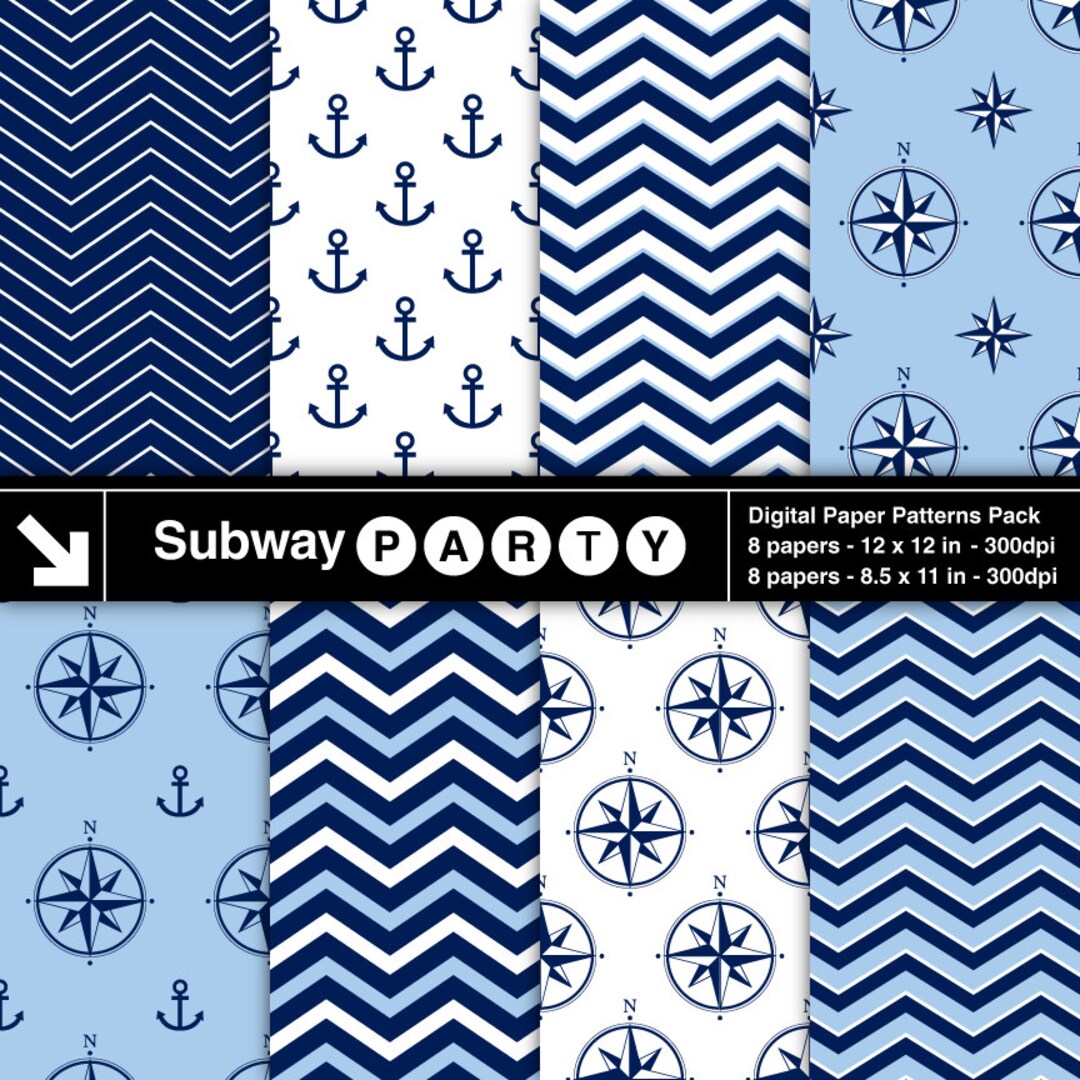 Nautical Digital Papers Navy Blue, White and Baby Blue. Scrapbook ...
