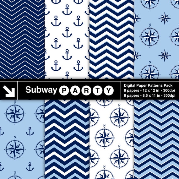 Nautical Navy Blue, White and Baby Blue Digital Papers Pack. Scrapbook ...