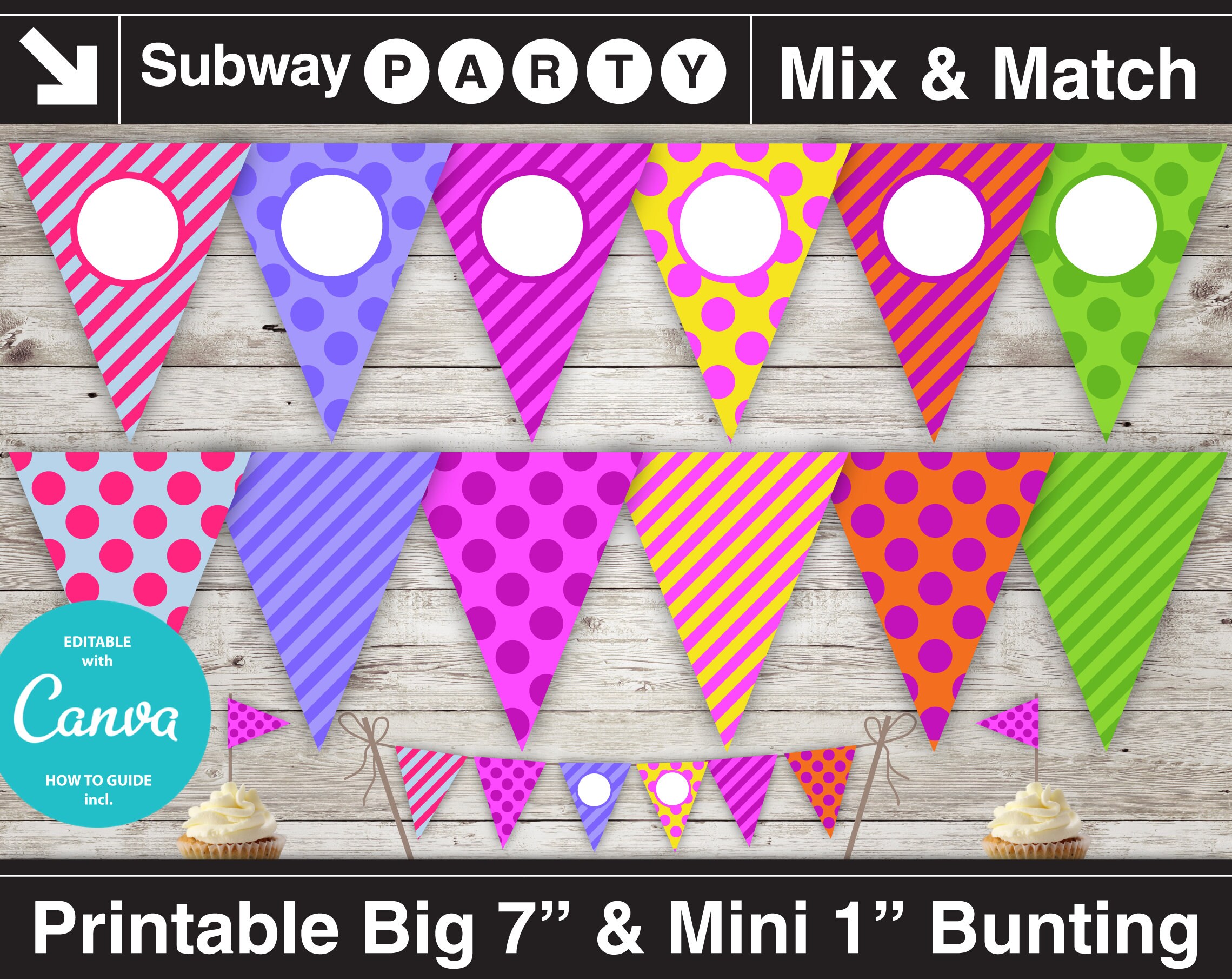 Printable Rainbow Birthday Party Banner and Mini Cake Bunting. Colorful ...