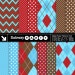 Sock Monkey Digital Paper Pack in Blue, Aqua, Red & Brown Chevron ...