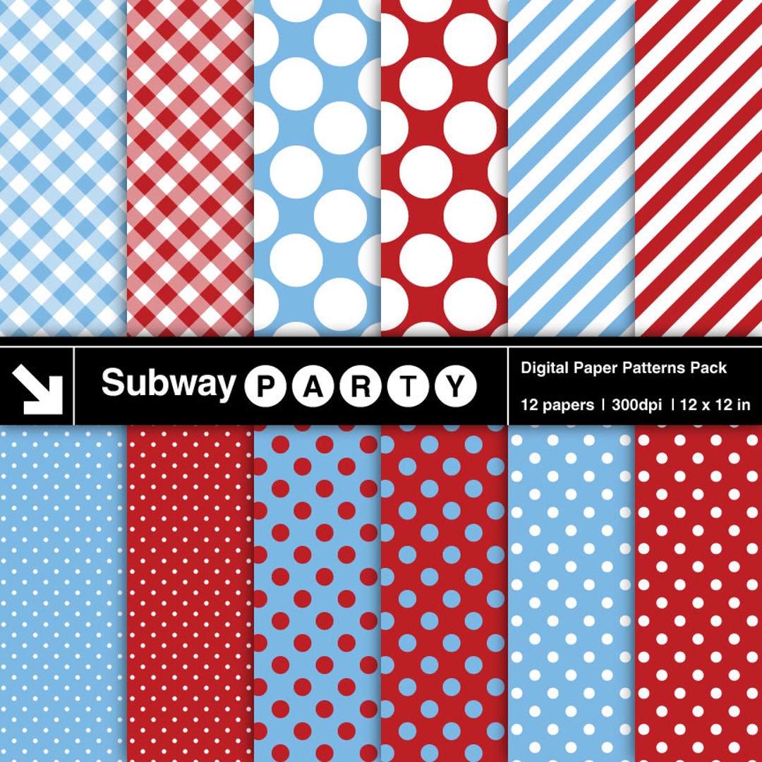 Blue and Red Polka Dot, Candy Stripes & Gingham Pattern Digital Papers ...