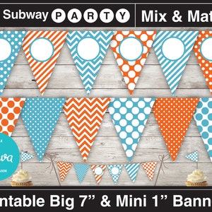 Printable Teal Blue Orange Party Banner & Mini Cake Bunting. Polka Dot ...