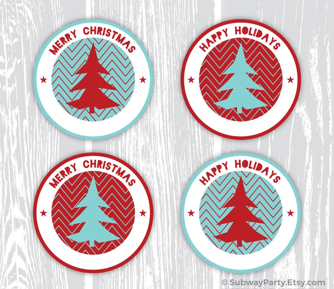 Printable Christmas Gift Tags, Stickers in Aqua Blue Red Chevron With ...