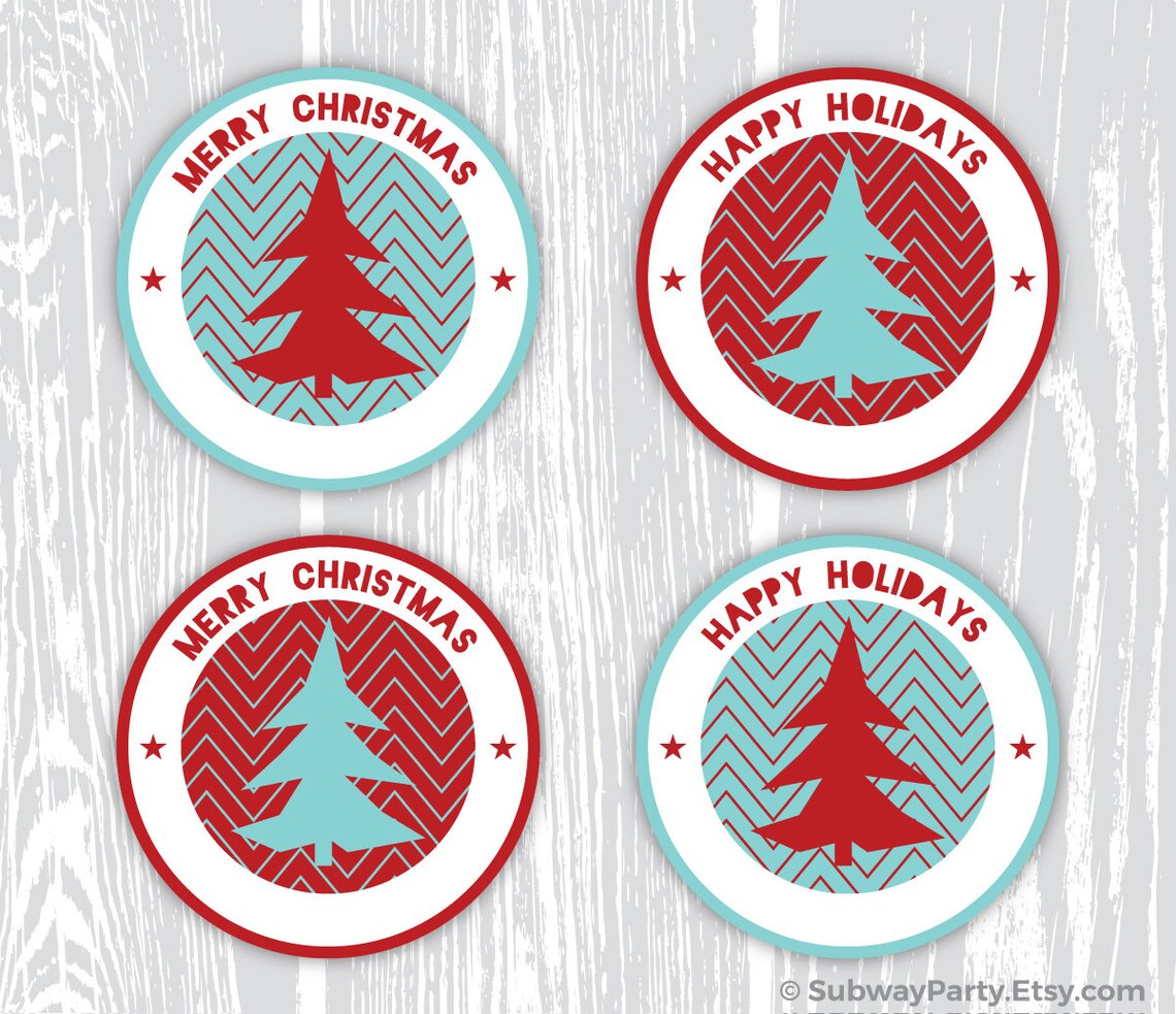 Printable Christmas Gift Tags, Stickers in Aqua Blue Red Chevron With ...