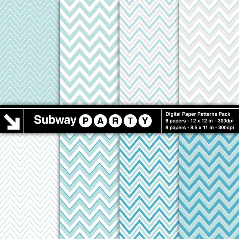 Soft Aqua Blue, Teal, Silver & White Digital Papers Pack of Chevron ...