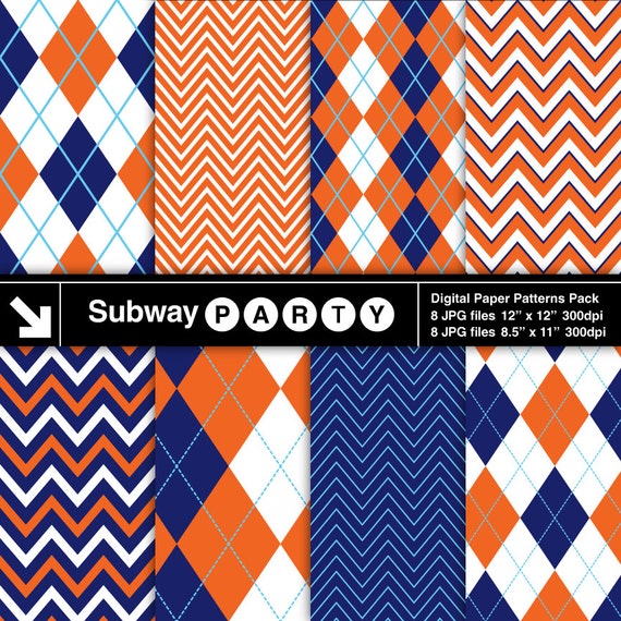 Navy Blue and Orange Digital Papers Pack in Chevron and Argyle ...