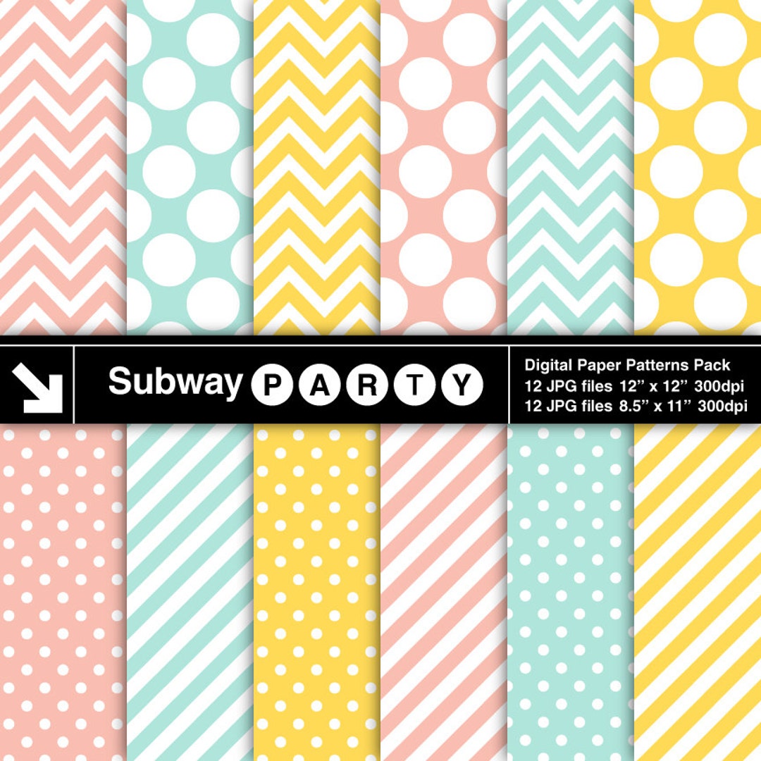 Yellow Mint Coral Pink Chevron, Polka Dots & Stripes Digital Papers ...