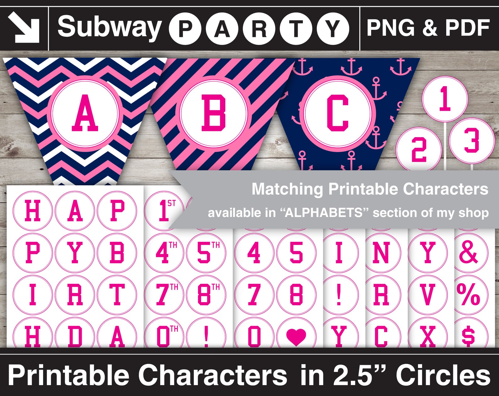 Pink Navy Blue Nautical Party Printable Banner and Mini Cake | Etsy